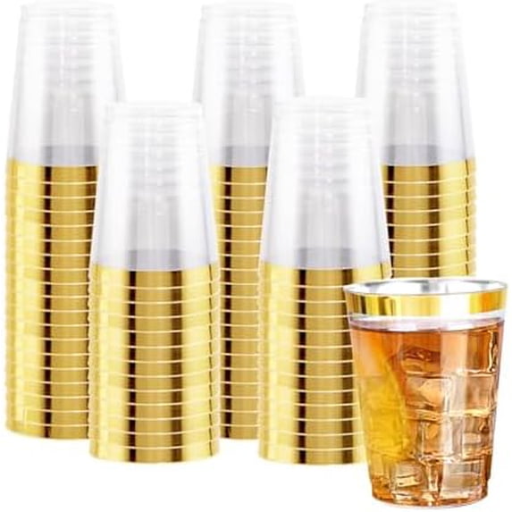 120PCS Gold Plastic Cups - 10Oz Heavy Duty Clear Plastic Cups with Gold ...