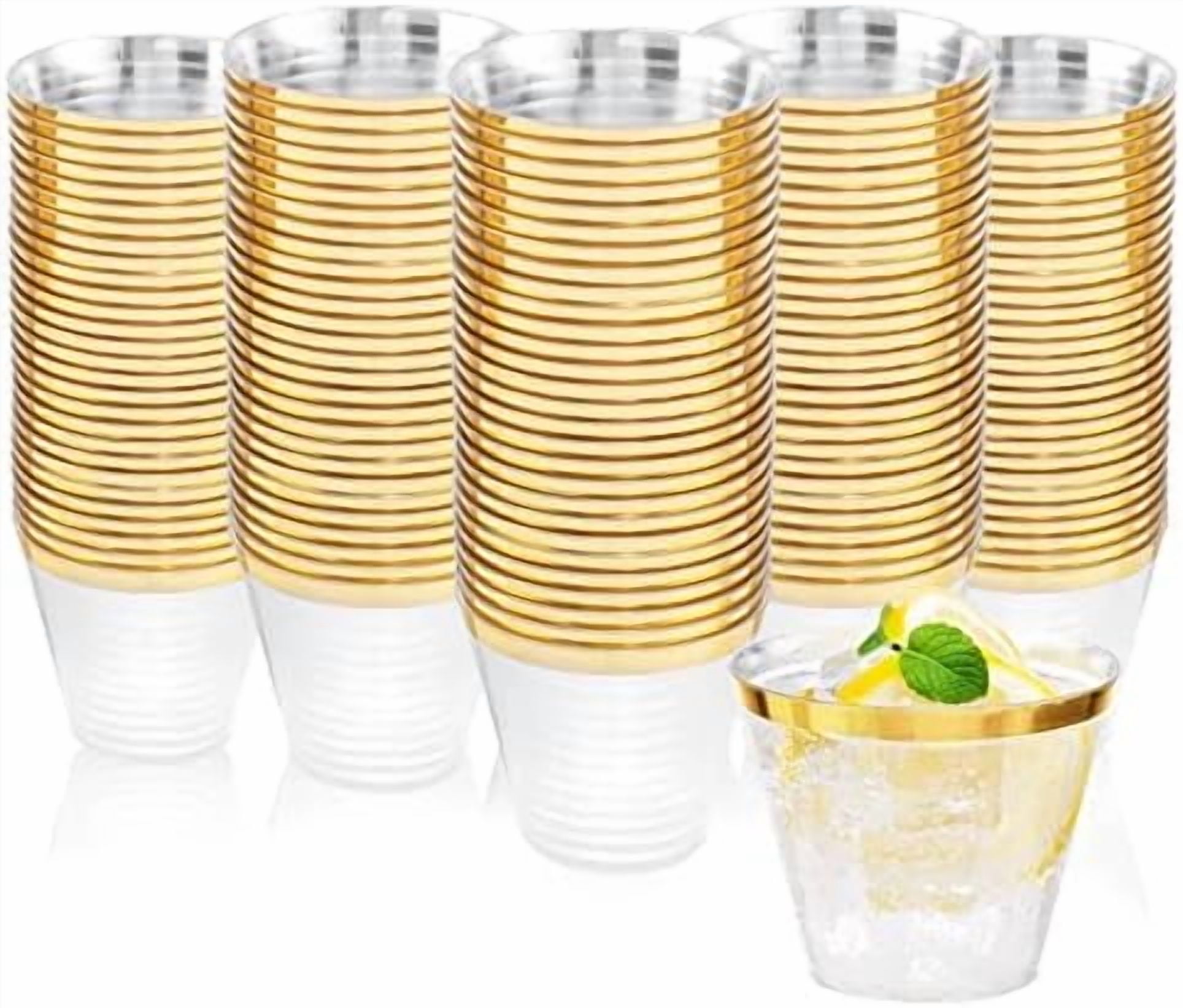 120PCS Gold Plastic Cups - 9Oz Gold Rimmed Plastic Cups - Heavy Duty ...