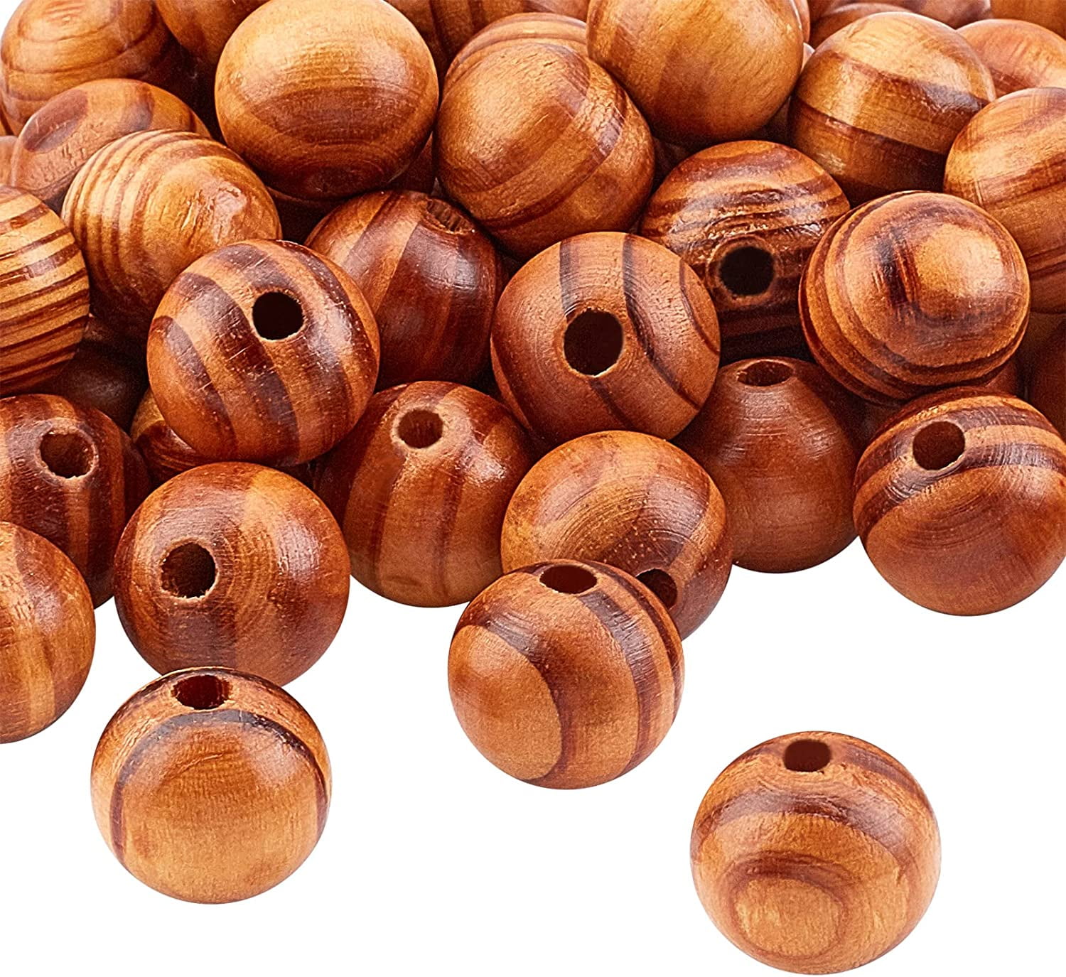 120PCS Natural Wood Beads 20mm Round Striped Wood Beads Light Brown ...