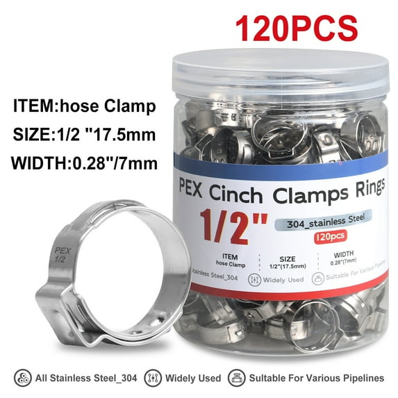 120Pcs 1/2" PEX Stainless Steel Clamp Cinch Rings Crimp Pinch Fitting ...