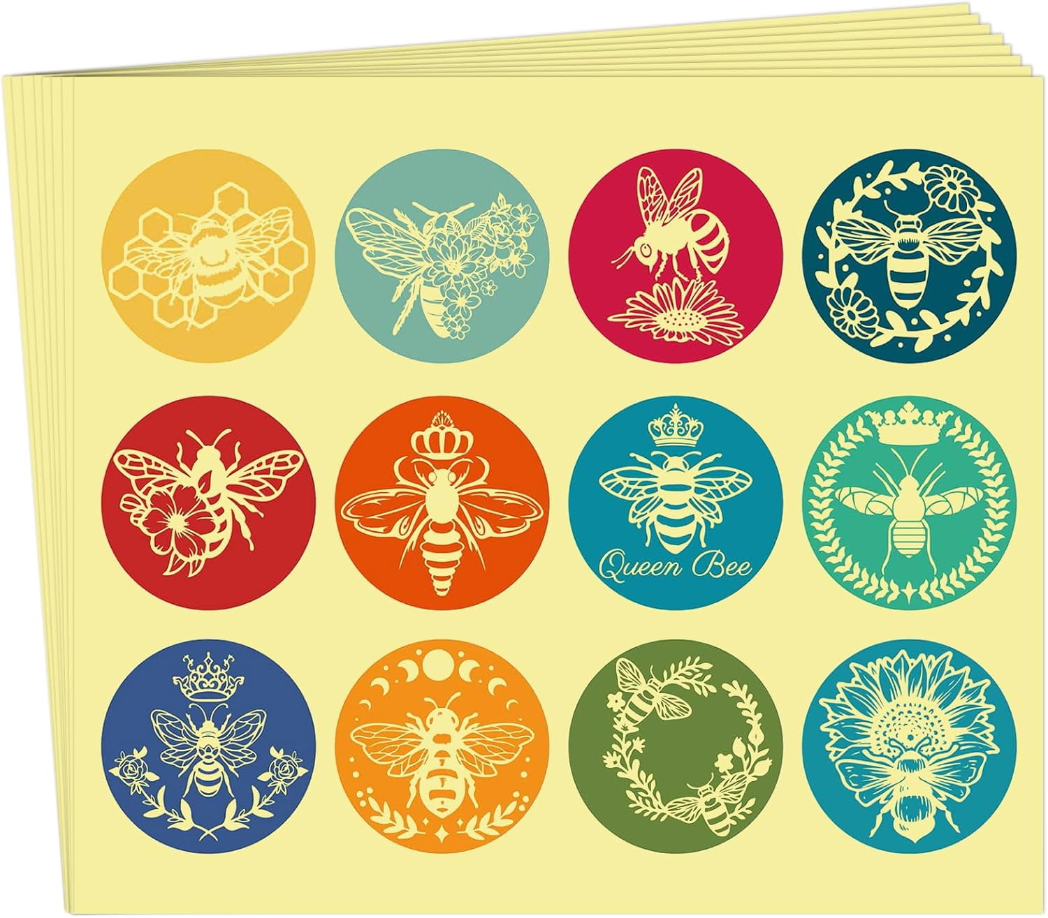 120Pcs 12 Styles Round Bee Stickers 2" Bee Crown Flower Honeycomb Self ...