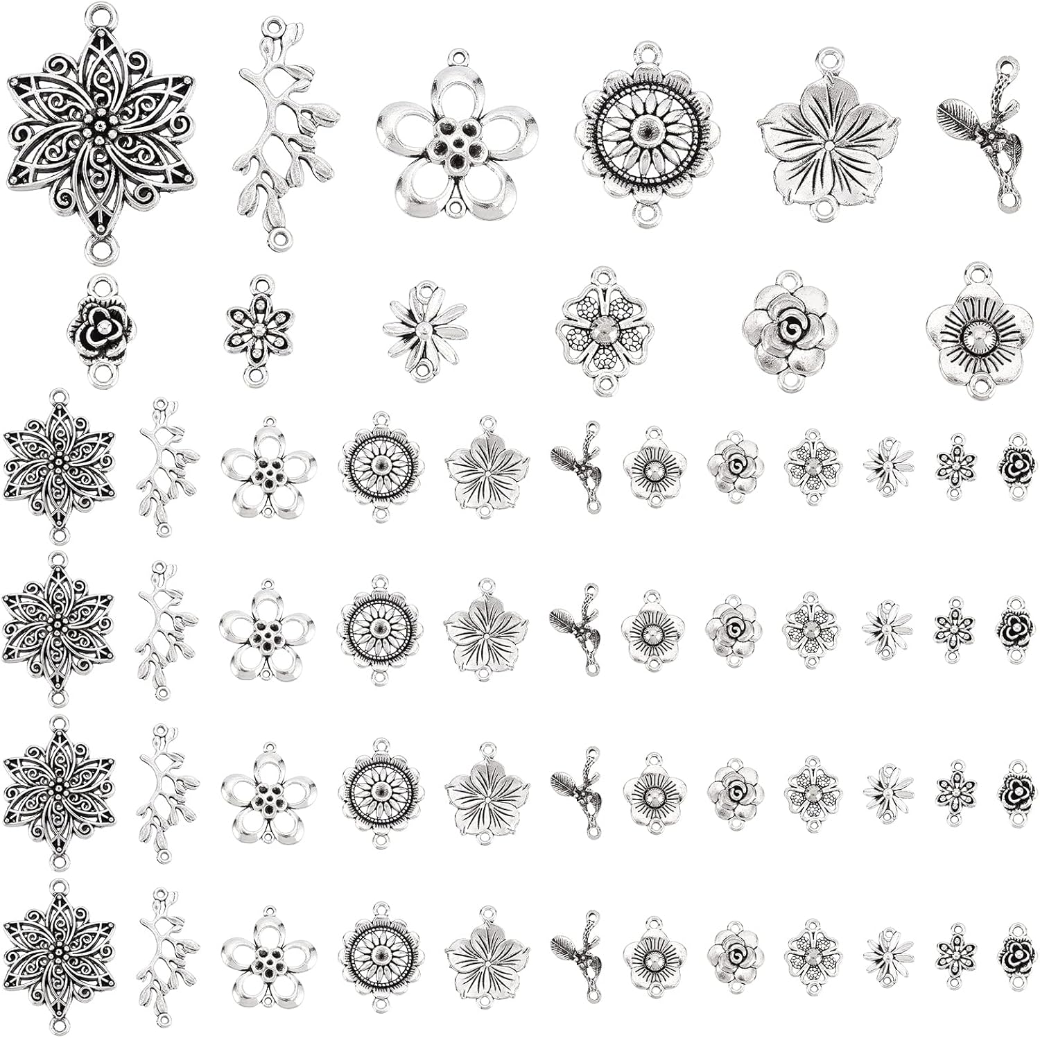120Pcs 12 Styles Tibetan Style Zinc Alloy Connector Charms Mixed Flower ...