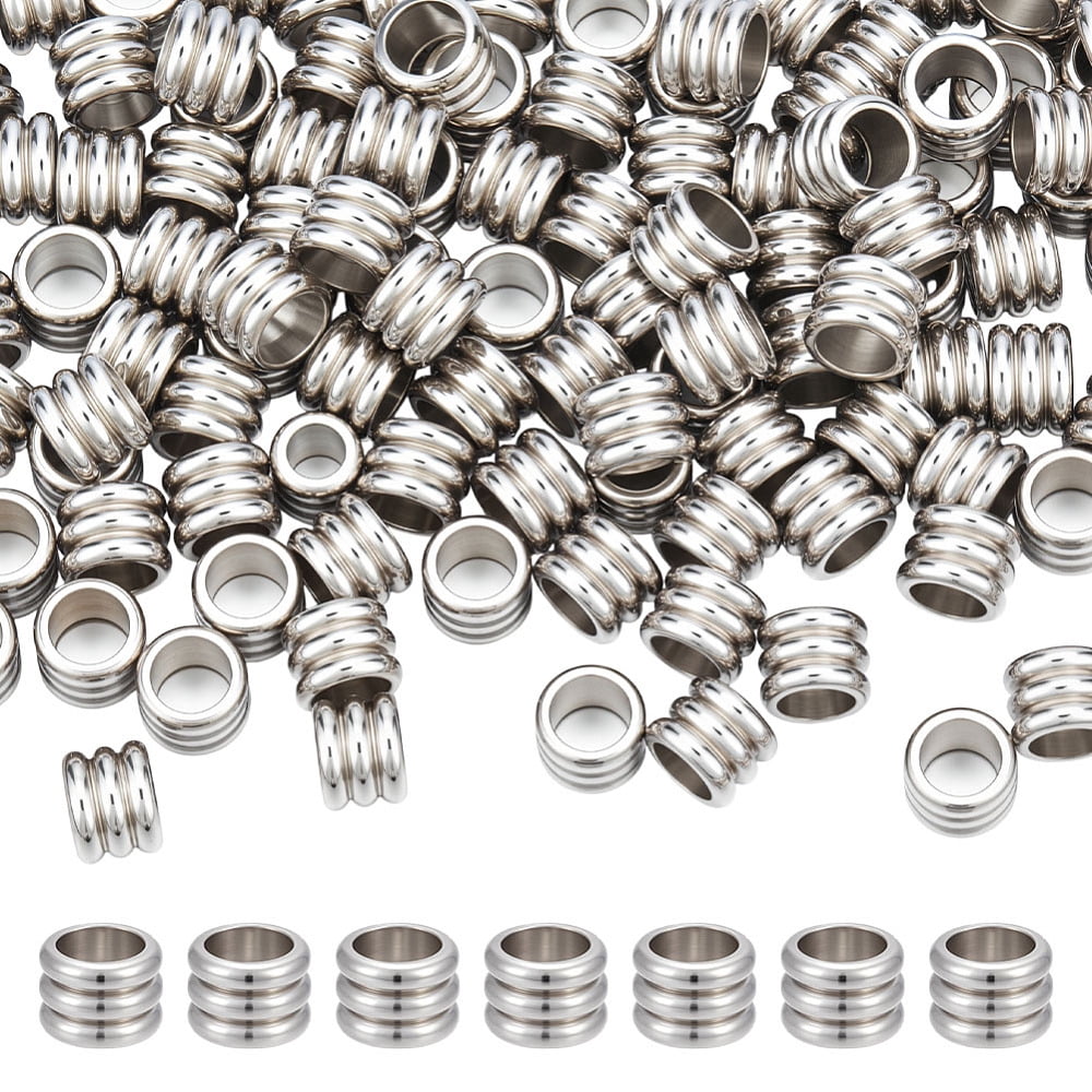120Pcs 202 Stainless Steel Beads Grooved Column Stainless Steel Color ...