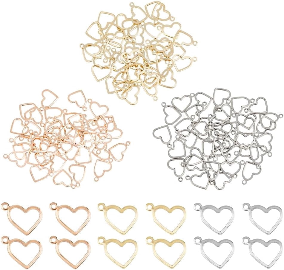 120Pcs 3 Colors Heart Charm Stainless Steel Hollow Love Pendant Charm ...