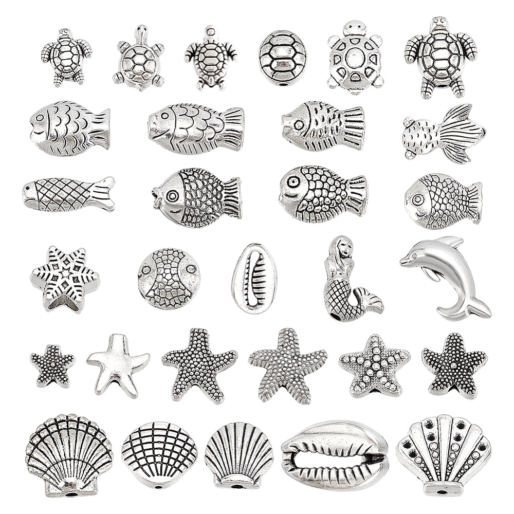 120Pcs 30 Styles Zinc Alloy Beads Tibetan Style Sea Animals Mixed ...