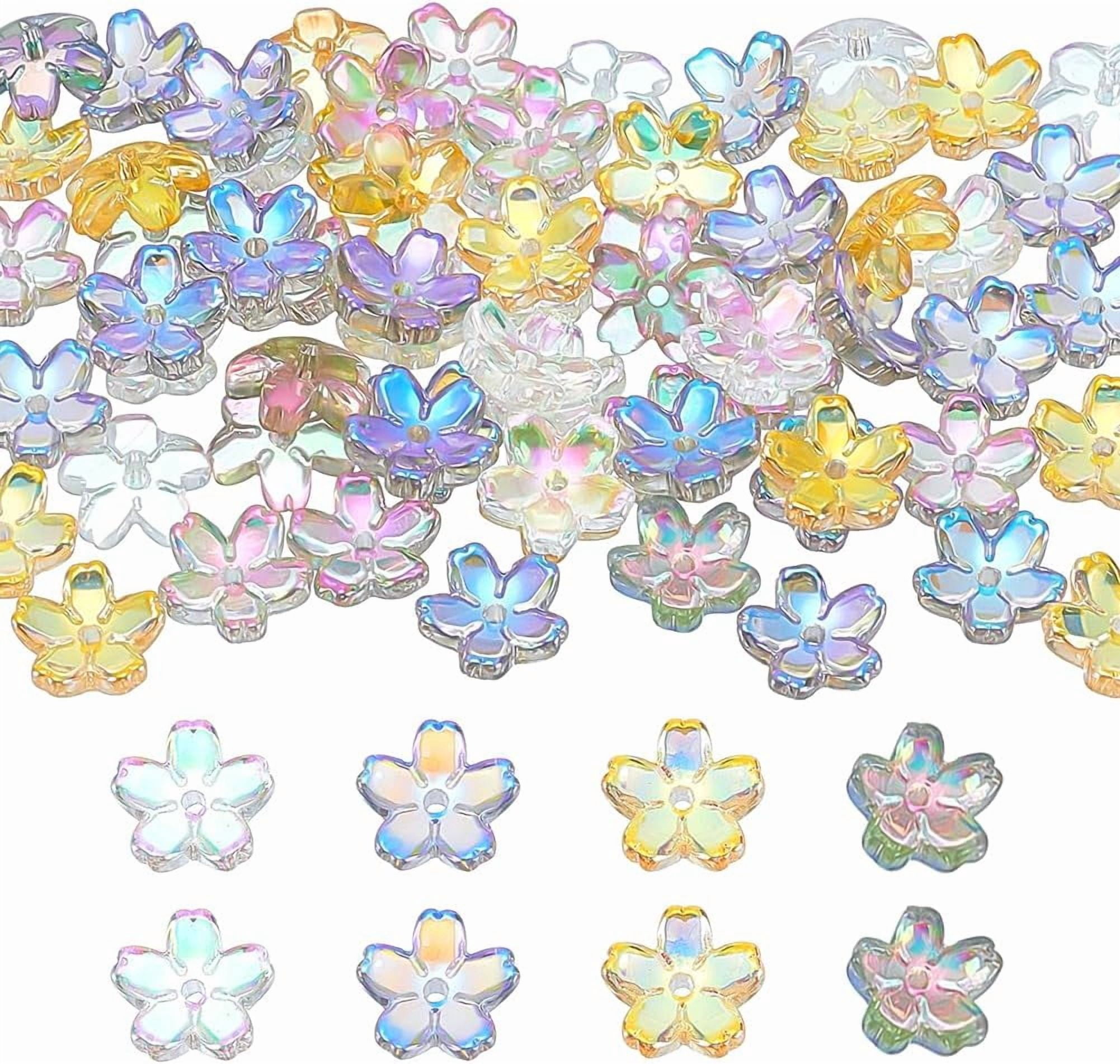 120Pcs 4 Colors Transparent Electroplate Glass Bead Caps 5-Patal Flower ...