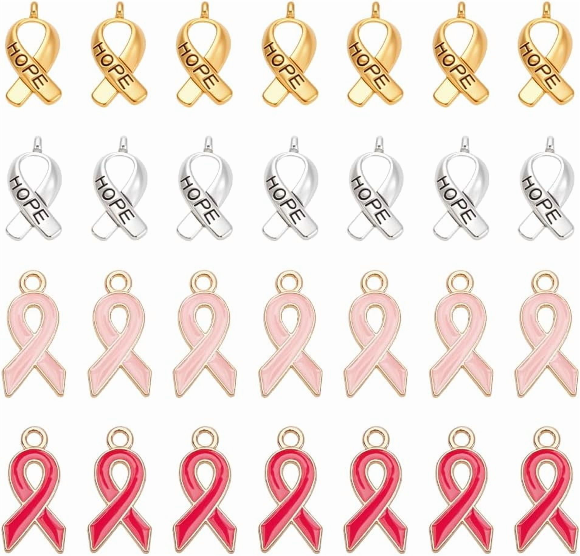 120Pcs 4 Styles Breast Cancer Awareness Ribbon Carved Word Hope Tibetan ...