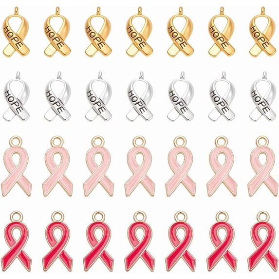 120Pcs 4 Styles Breast Cancer Awareness Ribbon Carved Word Hope Tibetan ...