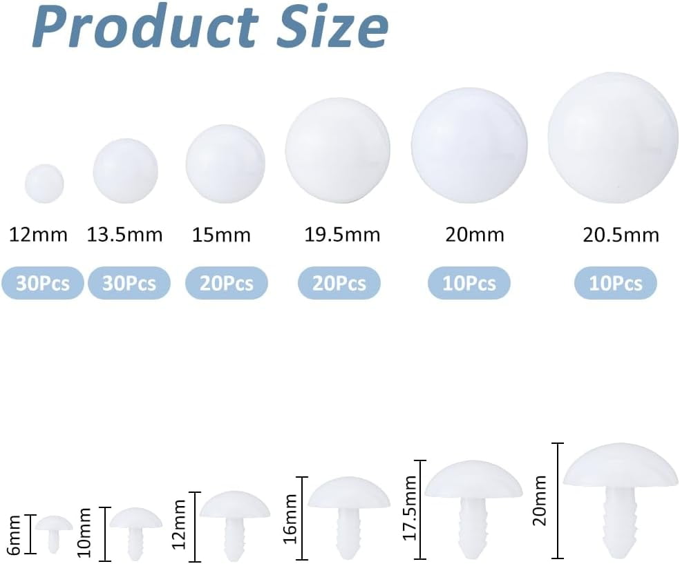 120Pcs 6 Sizes Safety Eyes 6mm~20mm Crochet White Eyes Round Craft Crochet Eye with Washers ...