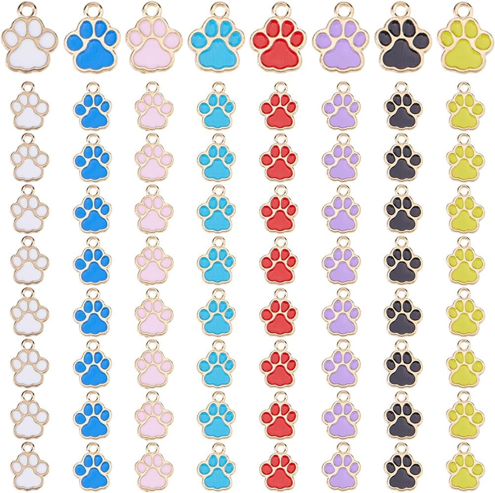 120Pcs 8 Colors Alloy Enamel Charms Paw Print Charms Golden Mixed Color ...