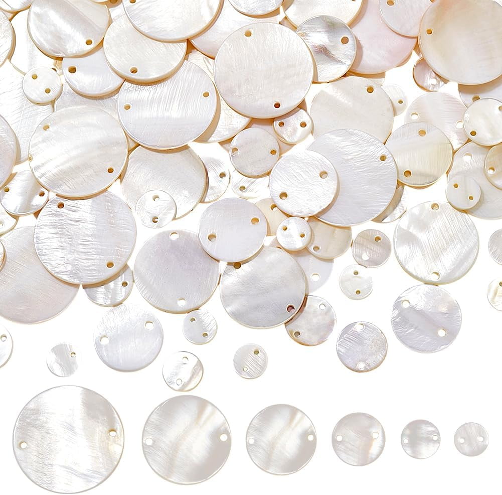 120Pcs Flat Round Shell Beads 6 Sizes Shells Pieces with 2 Hole Natural ...