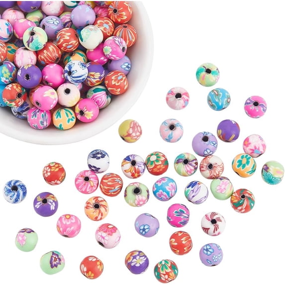 120Pcs Handmade Flower Pattern Polymer Clay Beads Round Mixed Color 8mm ...