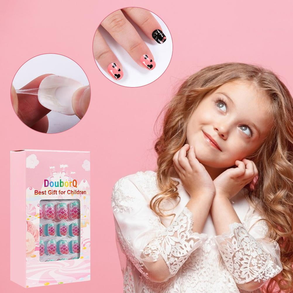 120Pcs Kids False Nails Pre Glue Full Cover Stick On Nails Press On ...