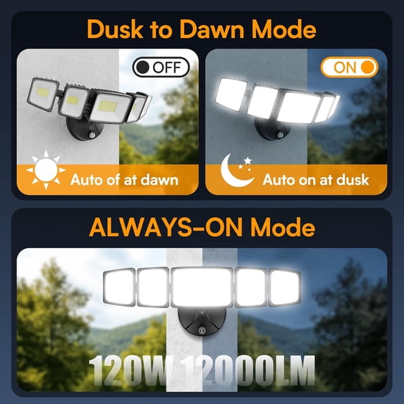 120W 12000LM Dusk to Outdoor Lighting,5 Heads Flood Lights Outdoor ...