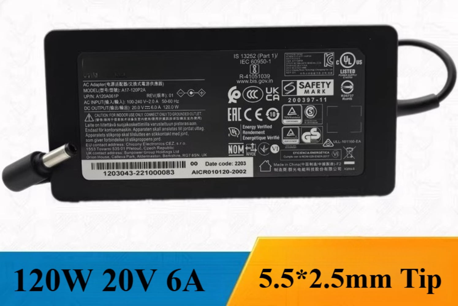 120W 20V 6A Laptop Charger for Chicony 5.5*2.5mm Tip Power Supply AC ...