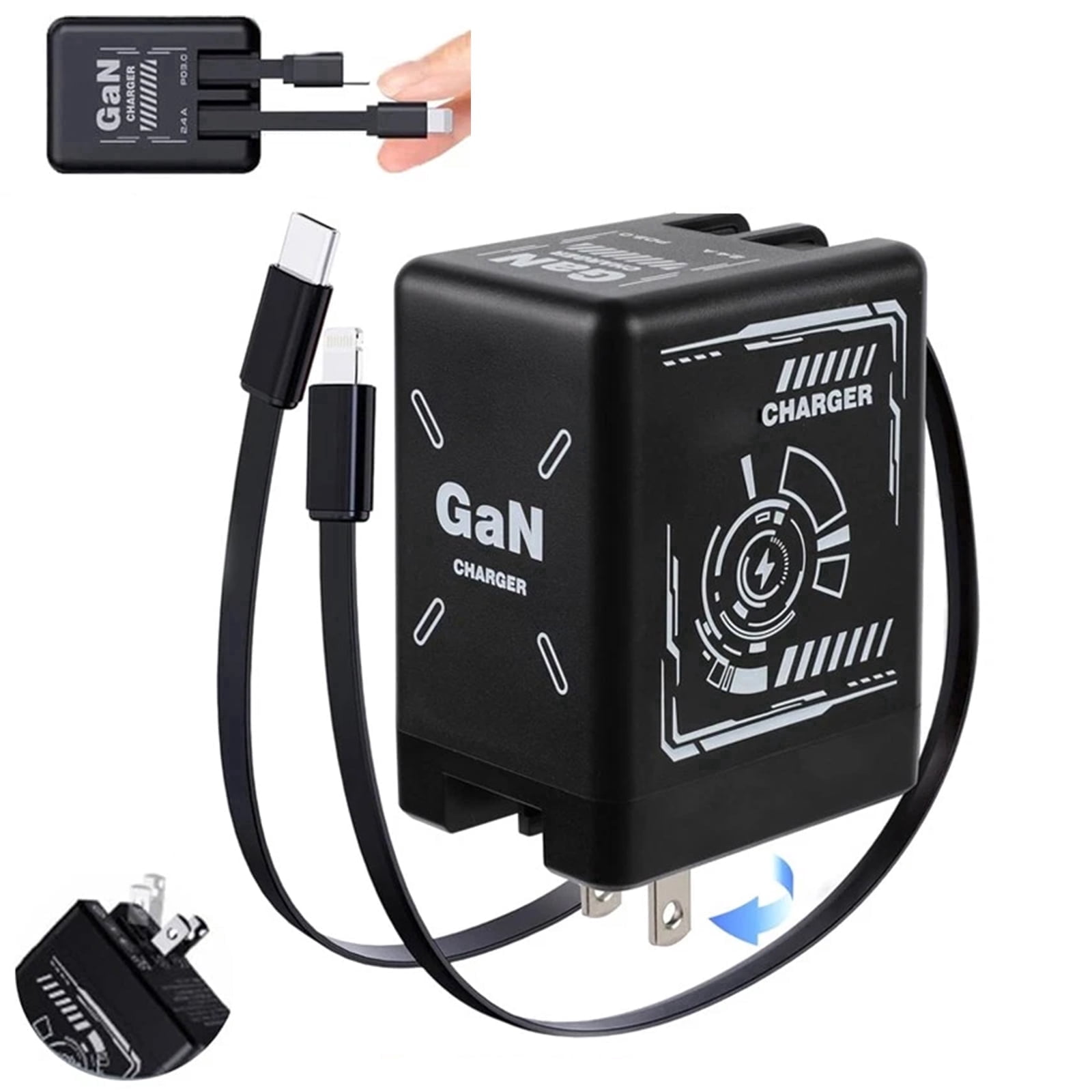 GaN Fast Charger with Built-in Retractable USB-C Cable & Folding Plug ...