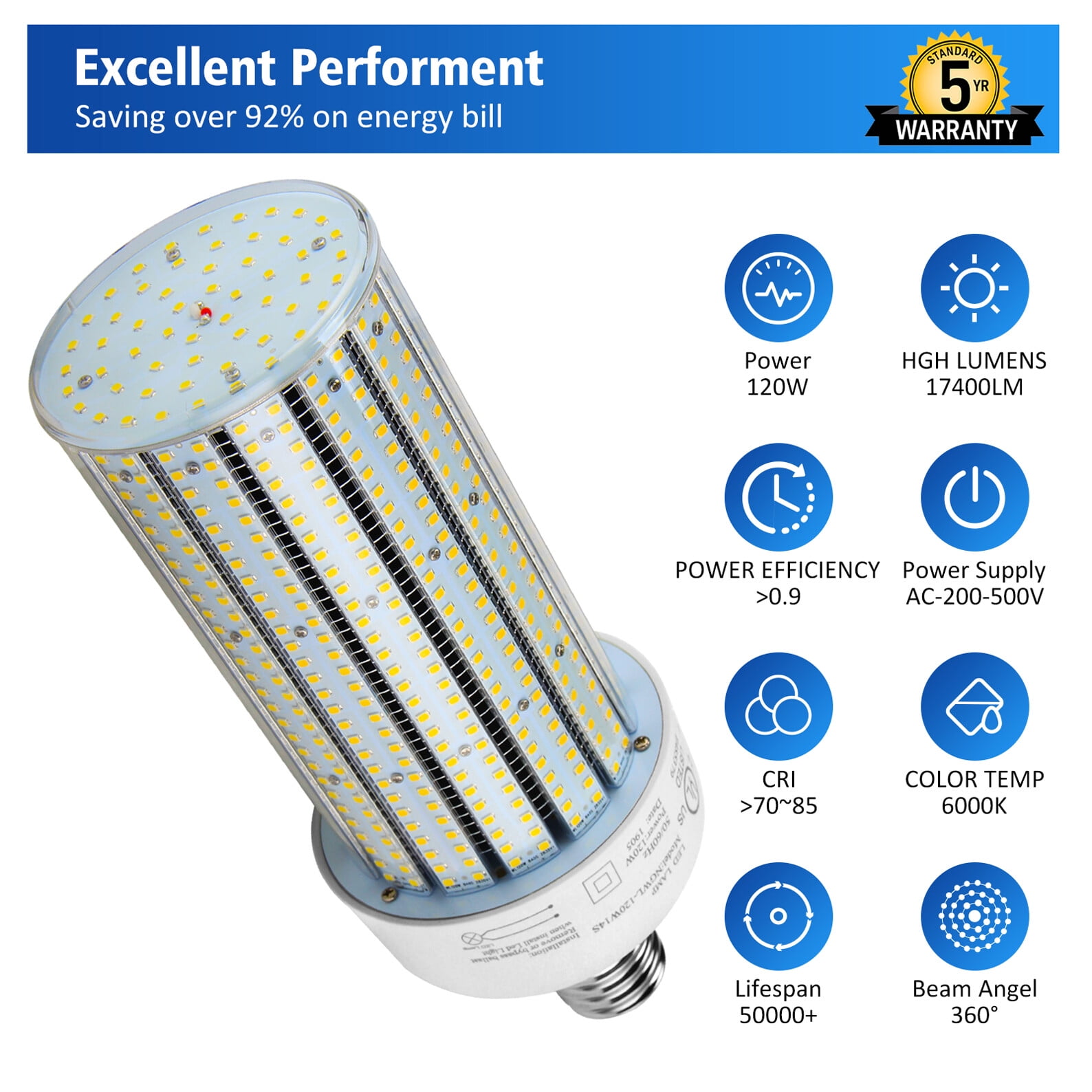 120W LED Corn Light 500W Equival High Bay Wall Pack Fixture Bulb 6000K 480V 347V - Walmart.com