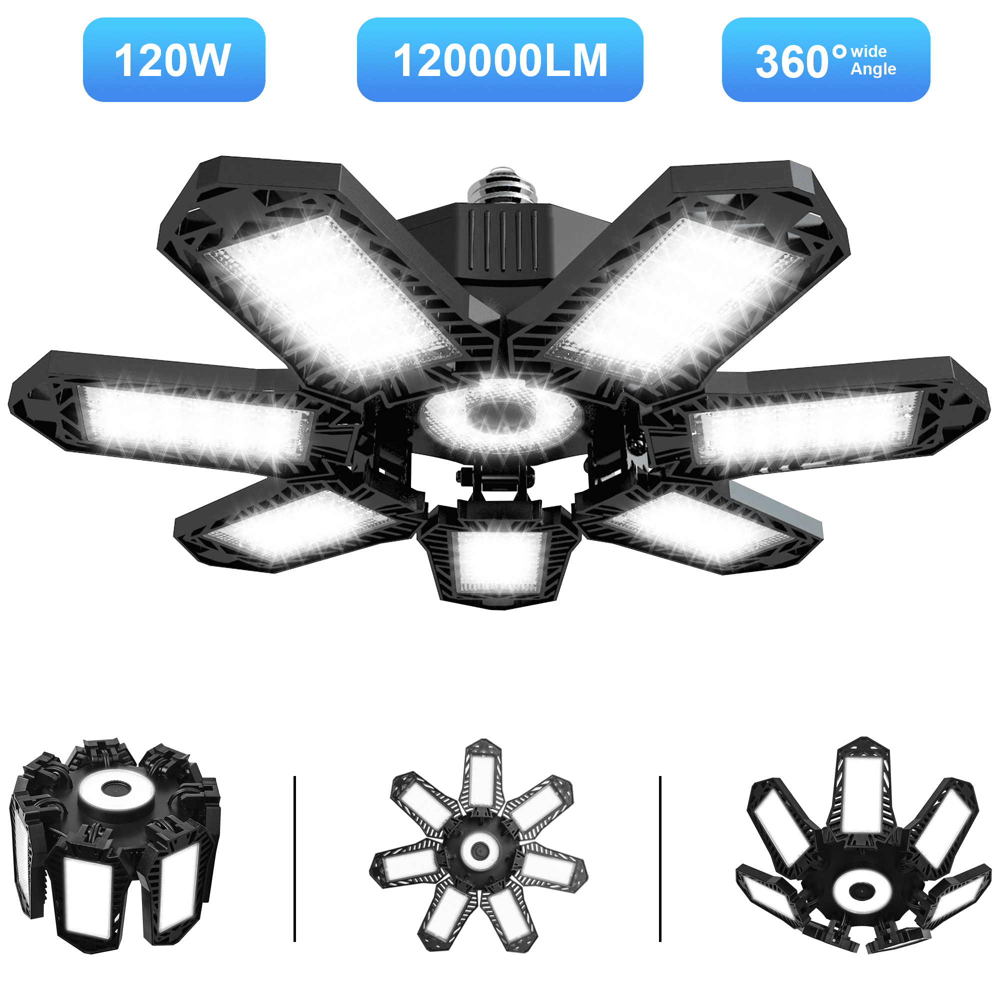 Ayybf 120W LED Garage Light, 12000LM 6500K, 7-Leaf Adjustable Panels ...