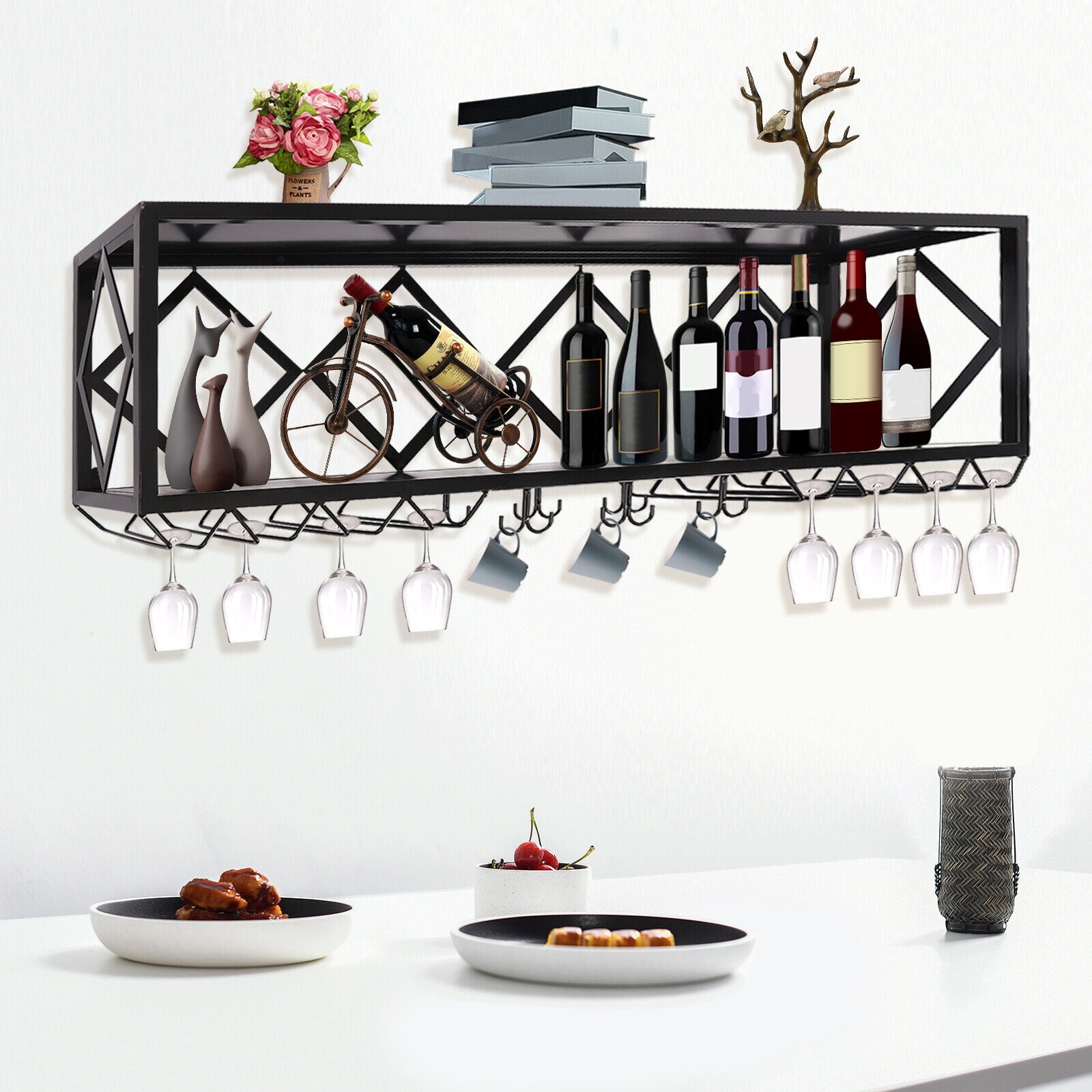 120cm Black Metal Wine Rack 2 Tier Wall Mounted Wine Rack, Wall Hanging ...