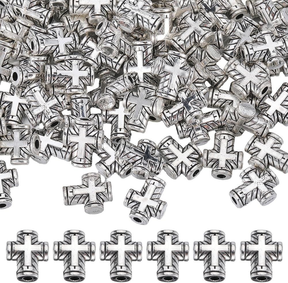 120pcs 1 Box Silver Cross Beads Bulk Metal Cross Bead Alloy Small Mini ...