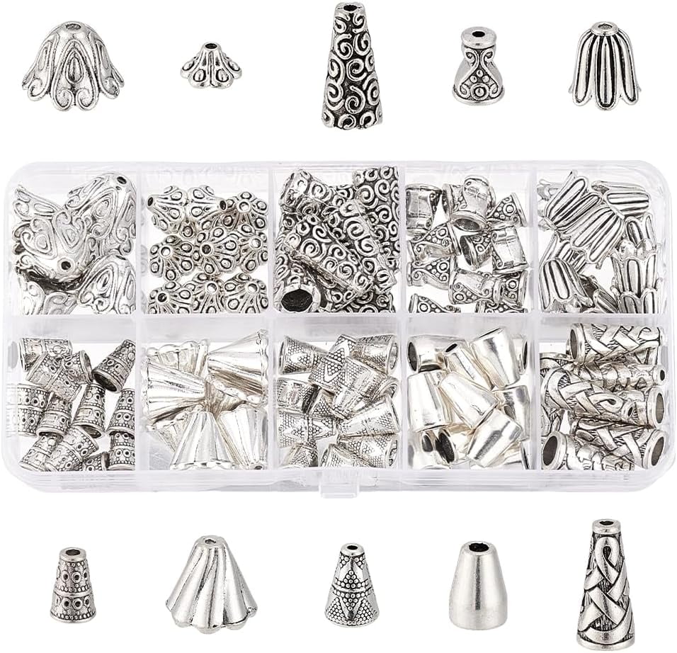 120pcs 10 Styles Cone Bead Caps Metal End Caps Flower Bead Caps Tibetan ...
