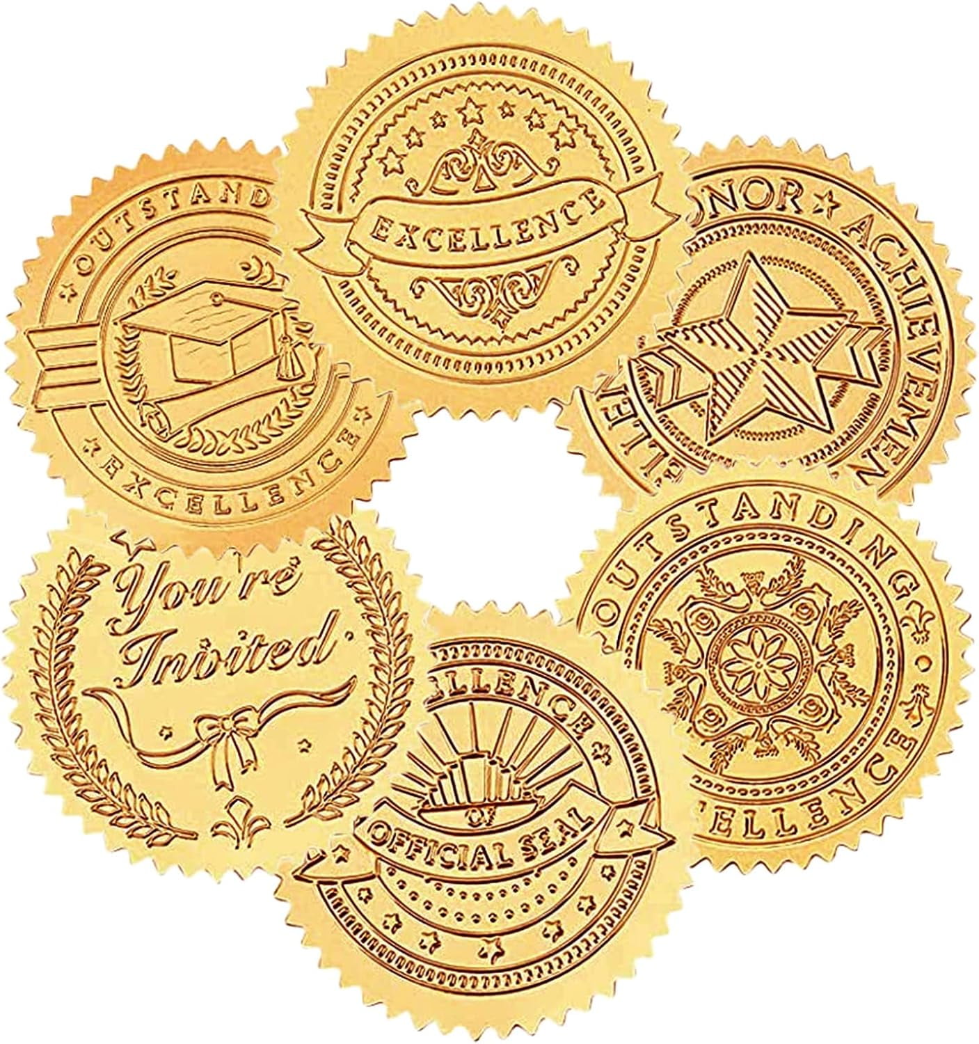 120pcs 2" Round Gold Embossed Seals Stickers 6 Style Gold Foil ...