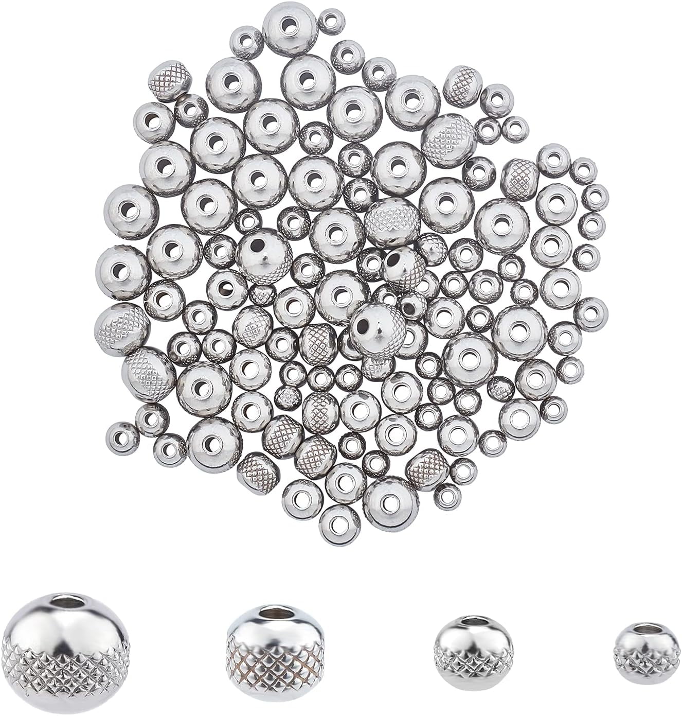 120pcs 4 Sizes Stainless Steel Bead Round with Ripples Spacer Beads ...
