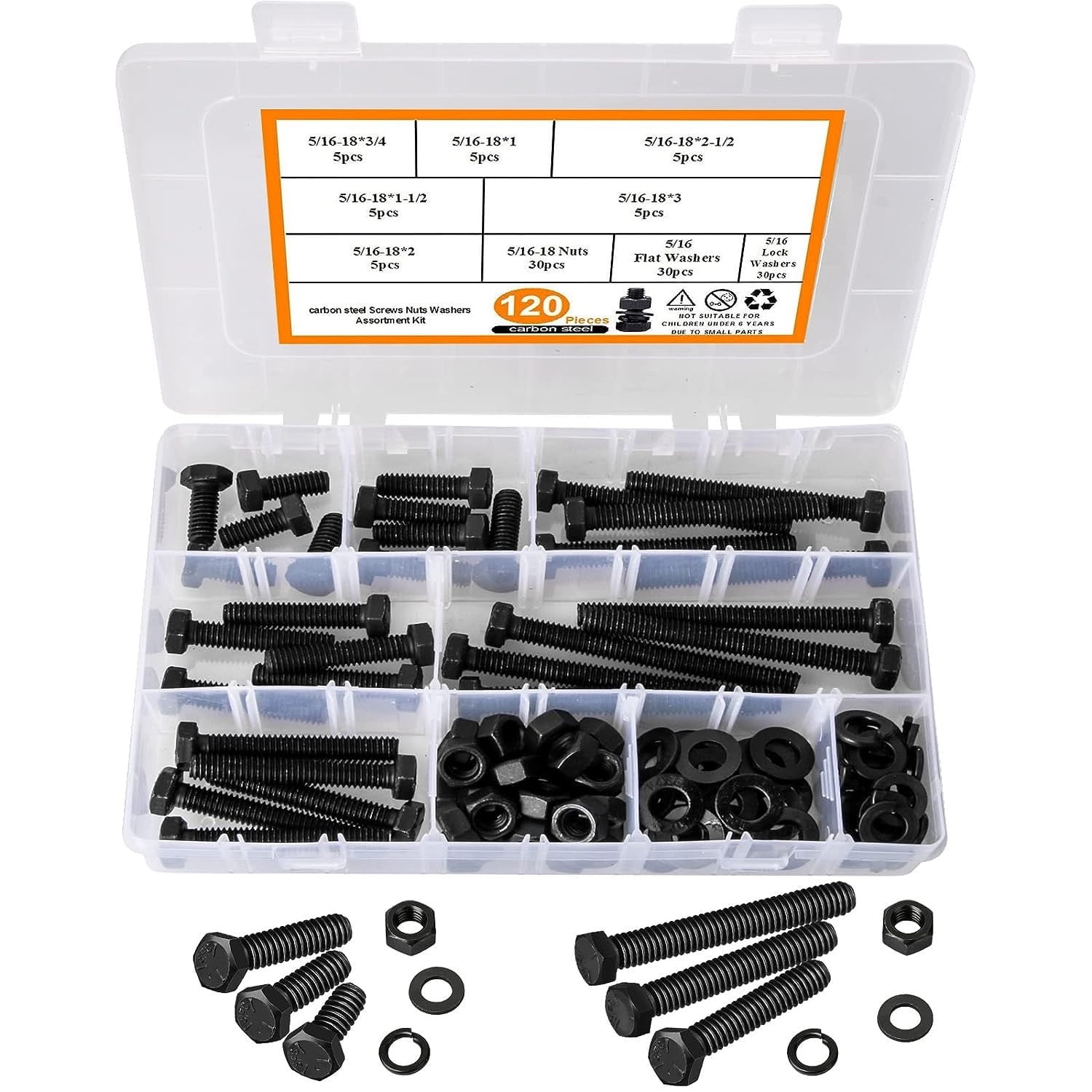 120pcs 5/16-18 Heavy Duty Nuts and Bolts Screws Flat & Lock Washers Kit, 5/16”Machine Screw Hex ...