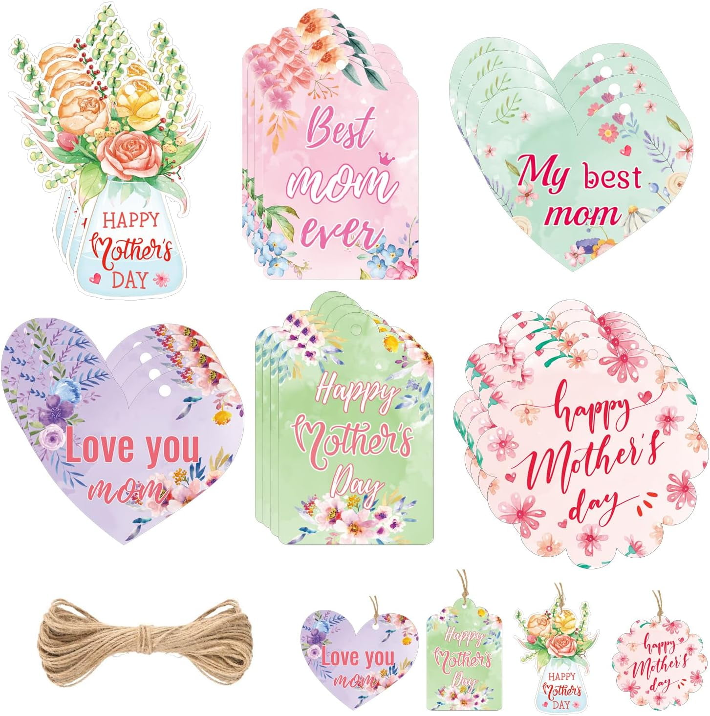 120pcs Happy Mother's Day Heart Gift Tags Best Mom Hanging Paper Tags ...