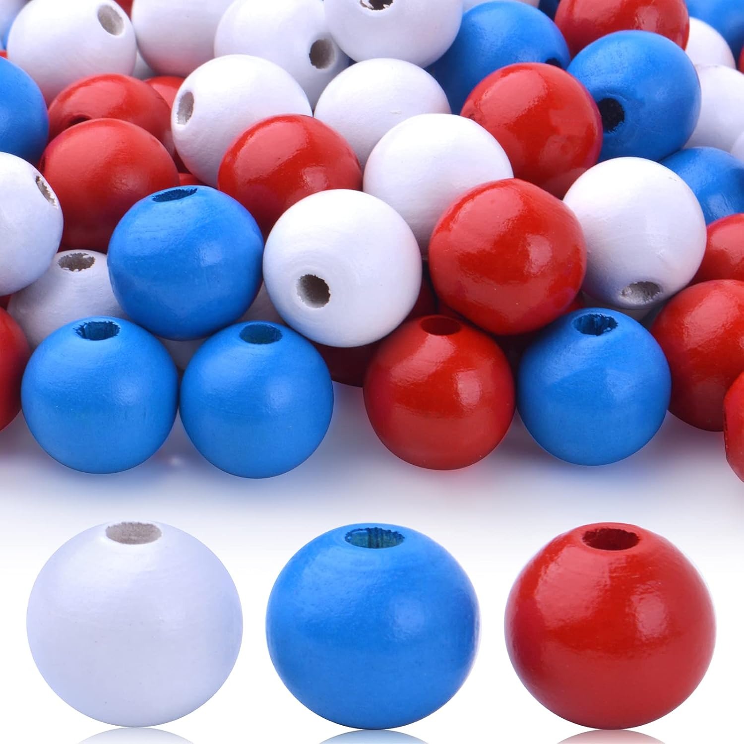 120pcs Independence Day Natural Wood Beads 16mm Patriotic Round Wooden ...