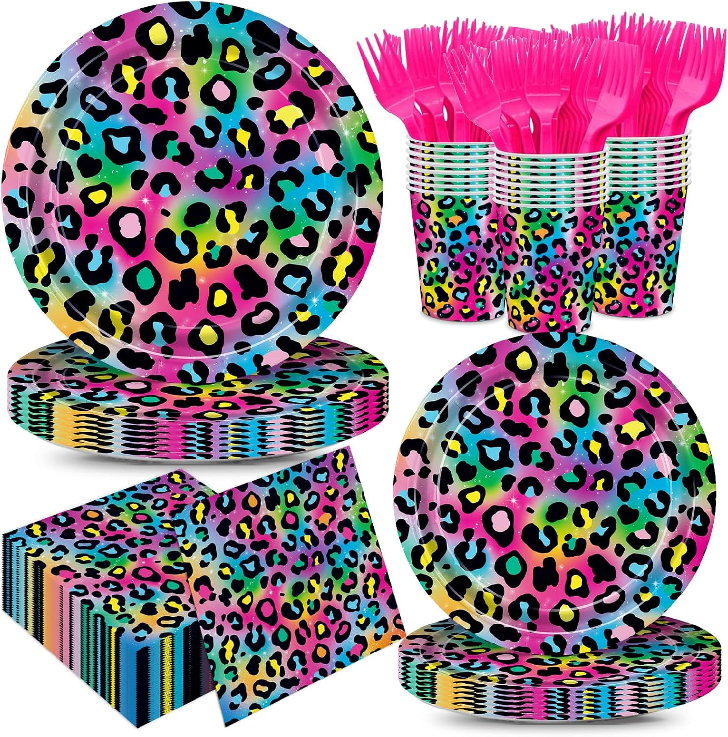 PHYSUN-120pcs Neon Rainbow Leopard Birthday Party Supplies Paper Plates ...