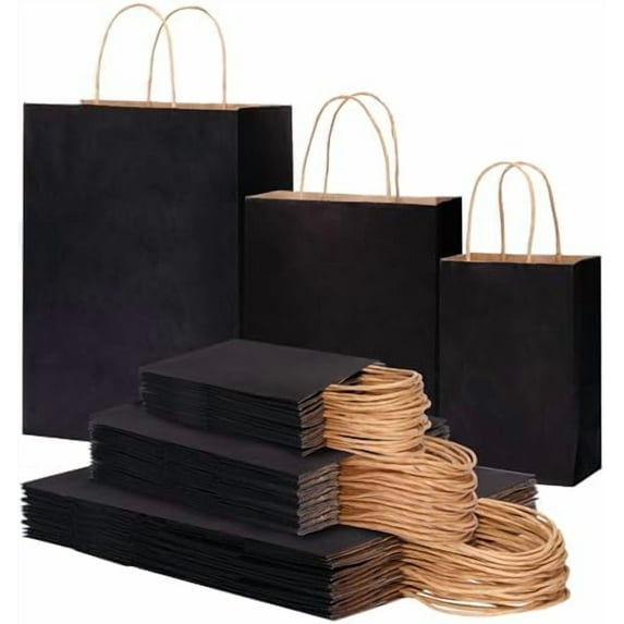 120pcs Paper Bags with Handles Assorted Sizes Kraft Black Paper Gift ...