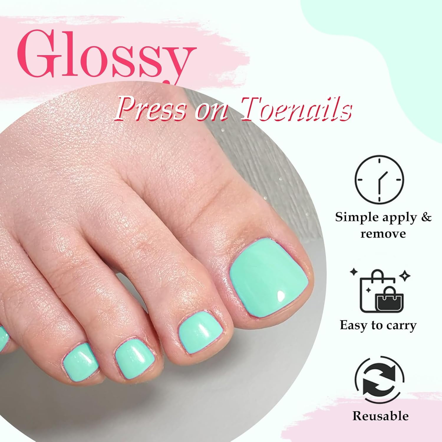 120pcs Press on Toenails, Mint Green Toe Nail Press ons Short Square ...