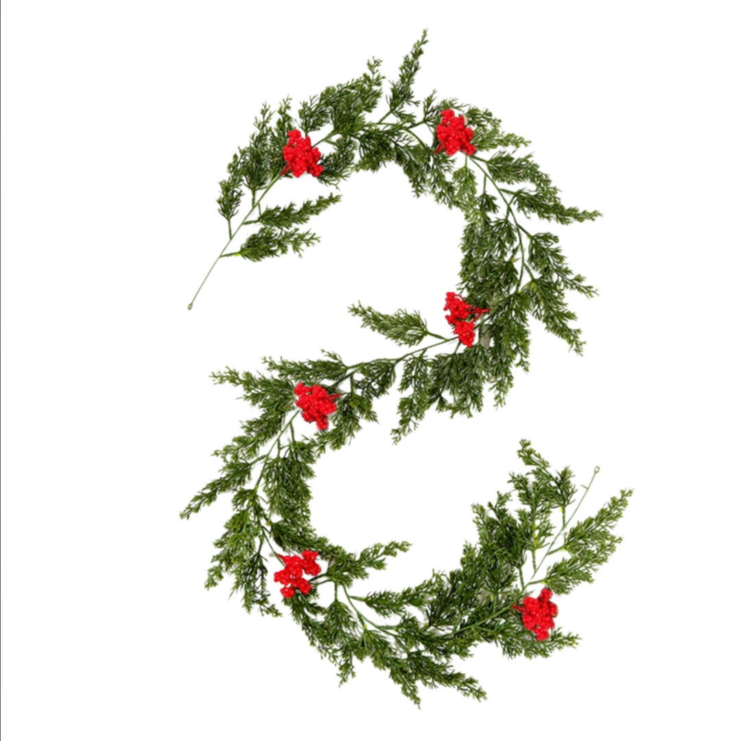 121 Inch Christmas Garland with Bells Red Berries Pinecones Poinsettias ...