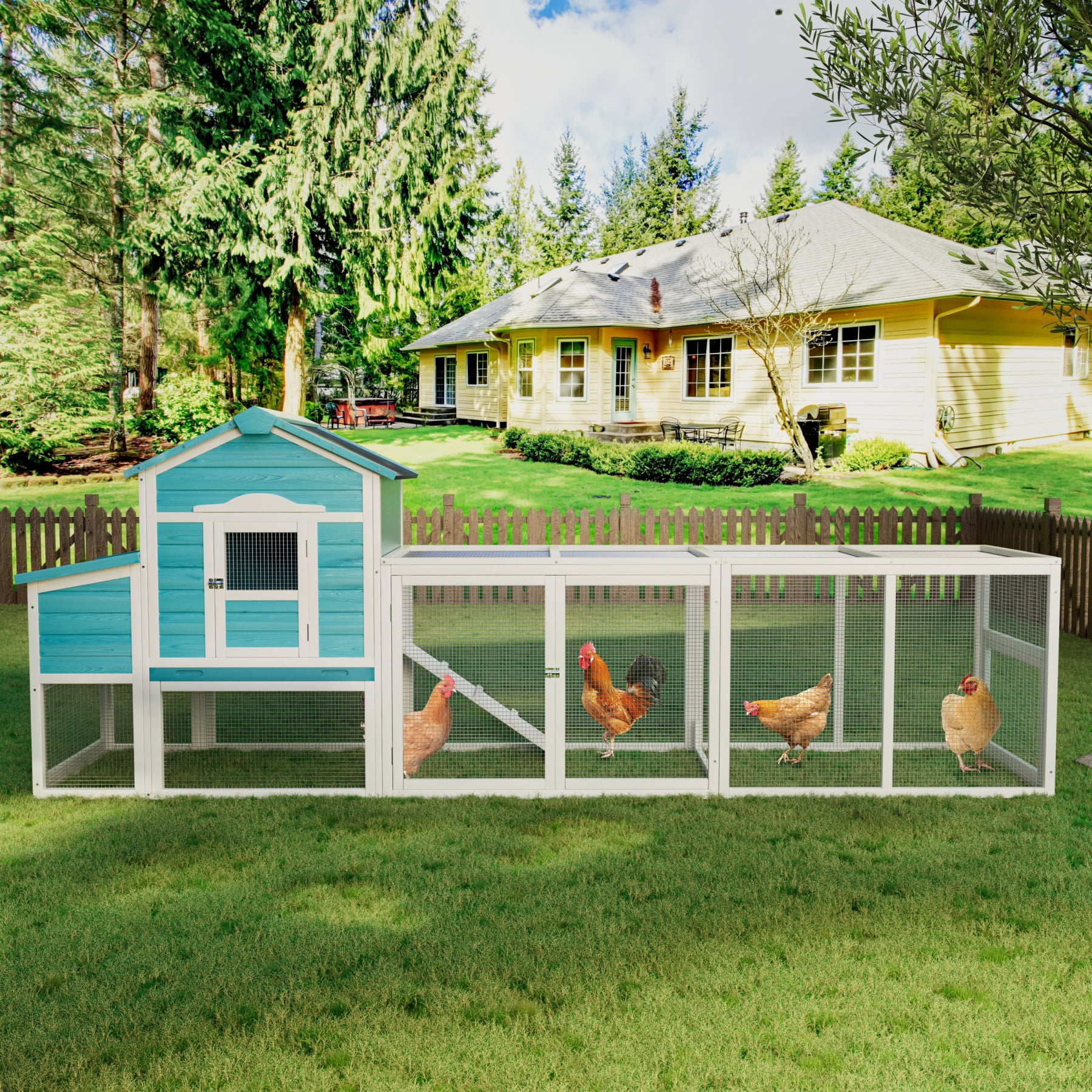 121" Large Chicken Coop with Run, Wooden Chicken Hen House with 2 ...