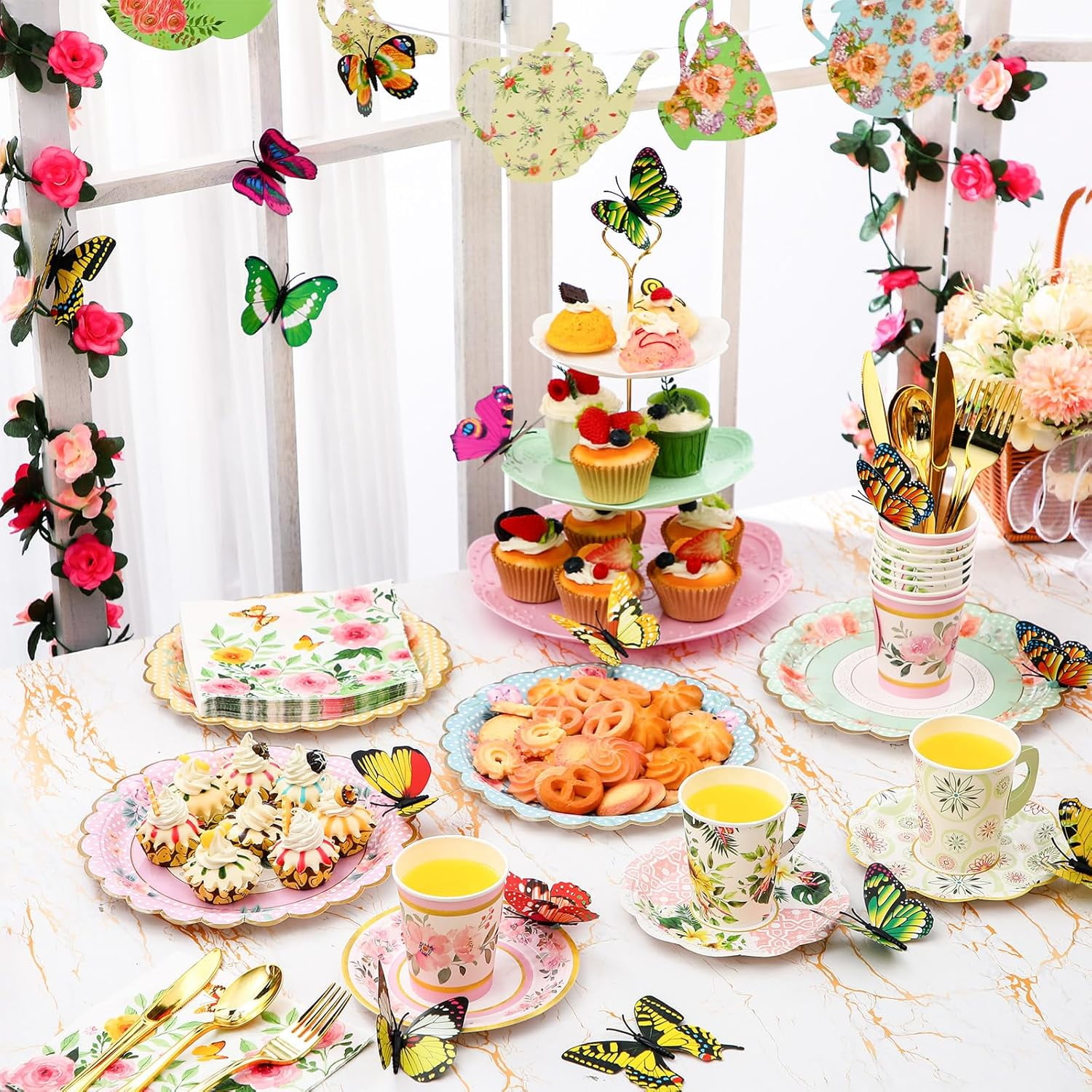121 Pcs Floral Tea Party Dinnerware Set with Cups Saucers Napkins Cake ...