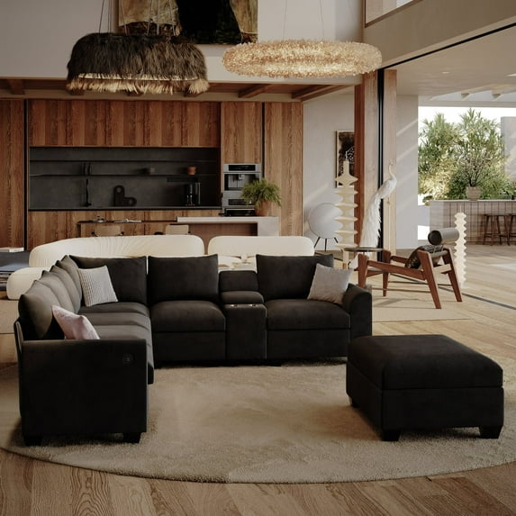 121'' U-Shaped Modular Sectional Sofa with Center Console and Cup ...