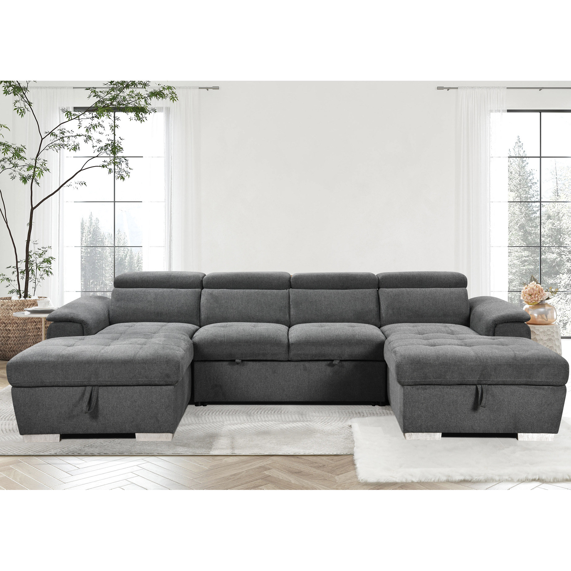 121-inch Wide U Shaped Sleeper Sofa with Pull Out Bed and Medium Duty ...