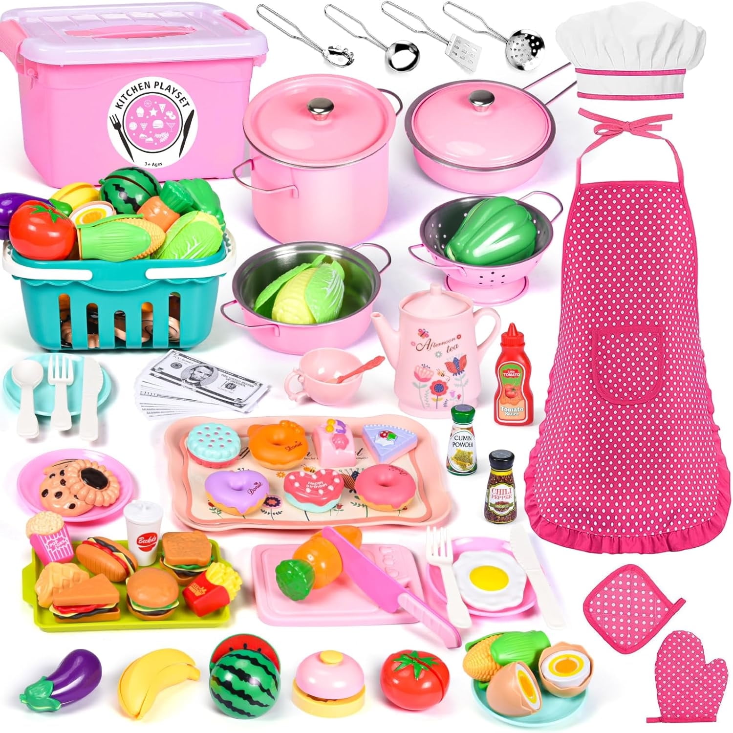121Pcs Play Kitchen Accessories, Kids Kitchen Playset, Pretend Play ...