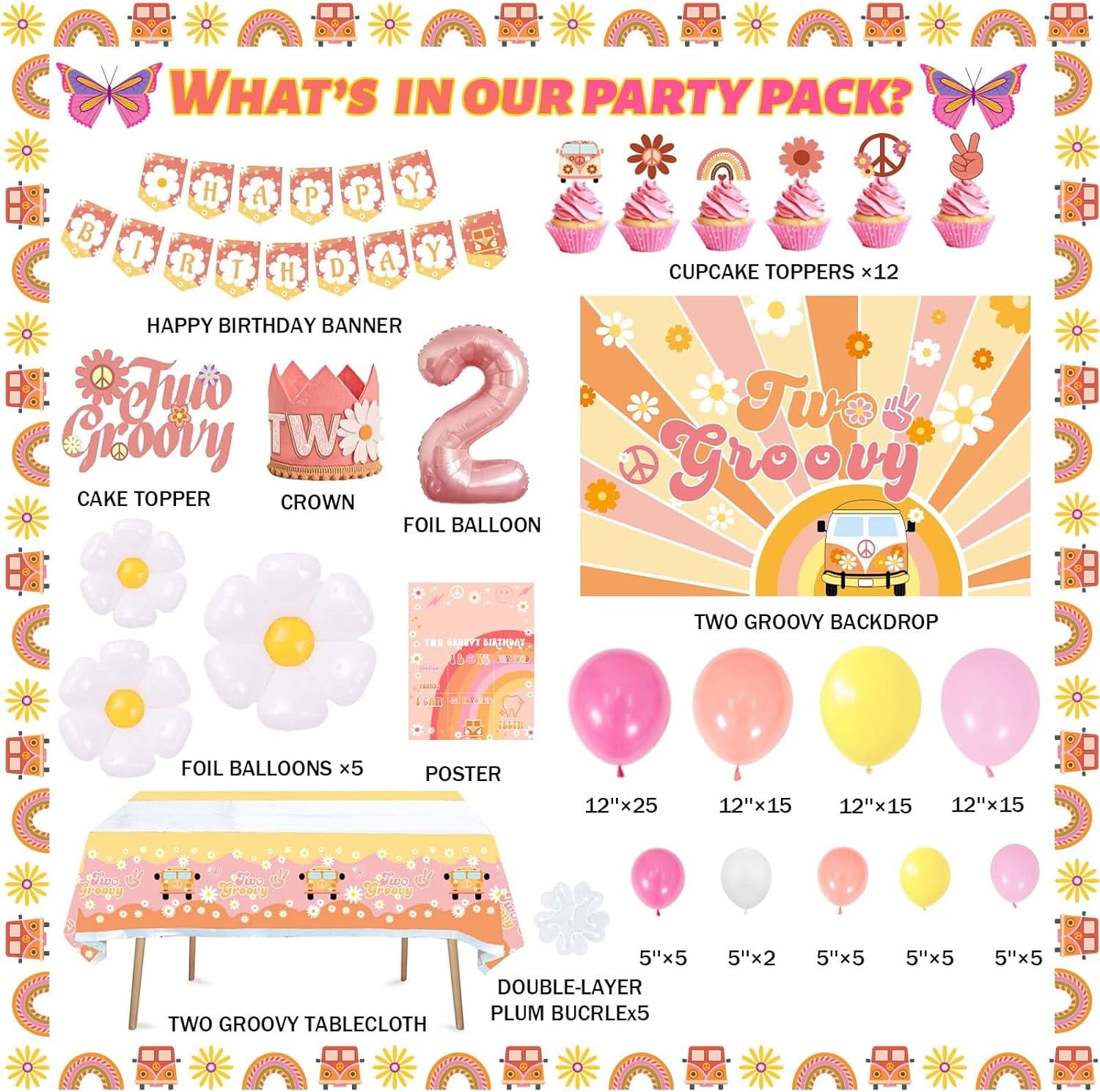 122-Piece Groovy Party Decorations Kit Two Groovy Hippie Birthday ...