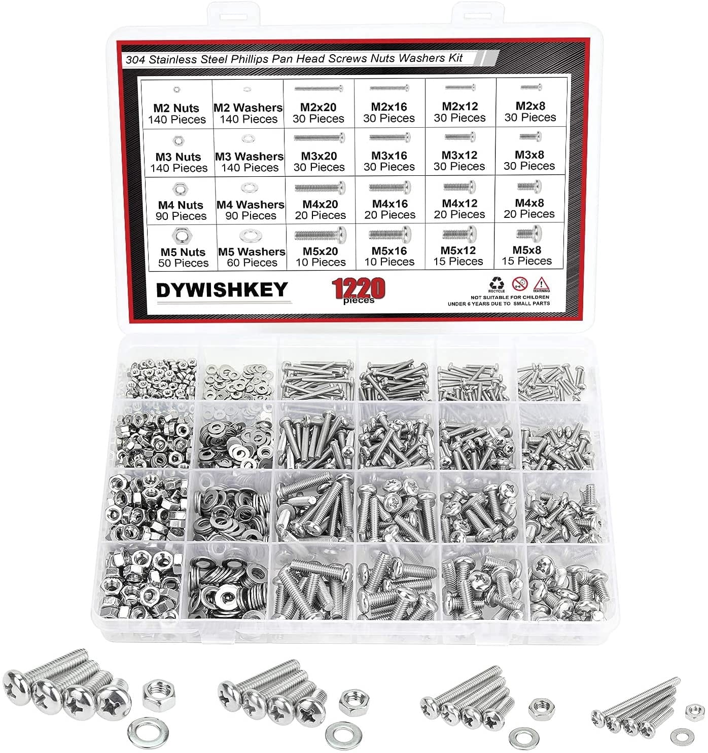 1220 PCS M2 M3 M4 M5, 304 Stainless Steel Phillips Pan Head Screws Nuts ...