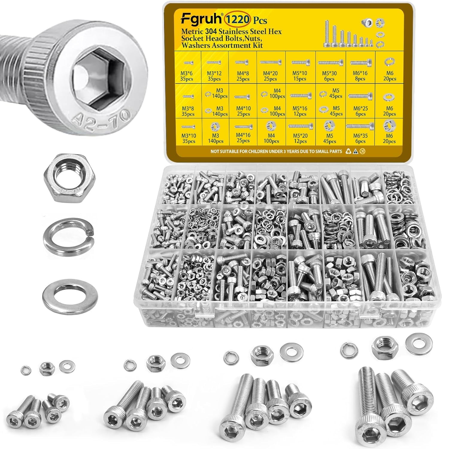 1220PCS M3 M4 M5 M6 Metric Screws Assortment Kit,Hex Socket Head Cap ...