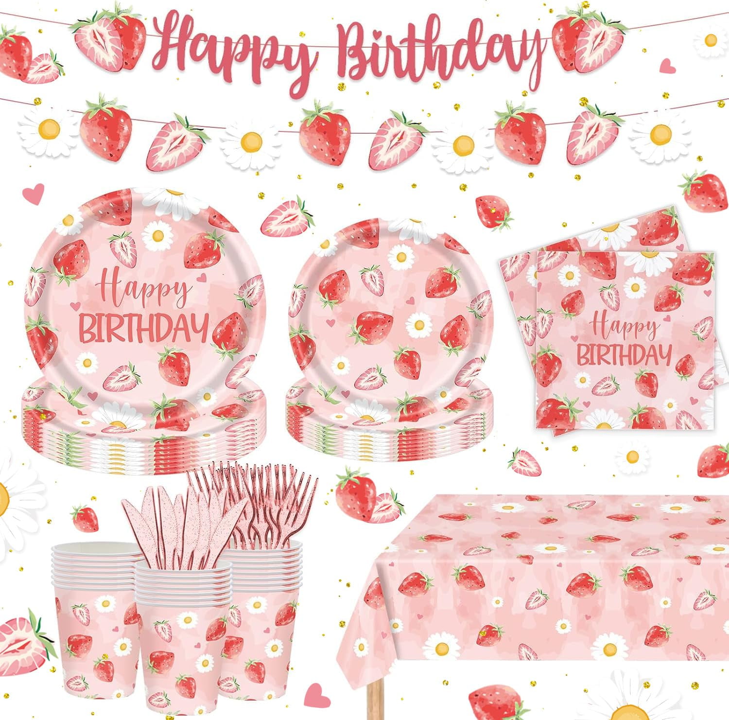 122PCS Strawberry Birthday SCH4 Supplies for Girls Kids Happy 1st 2nd ...