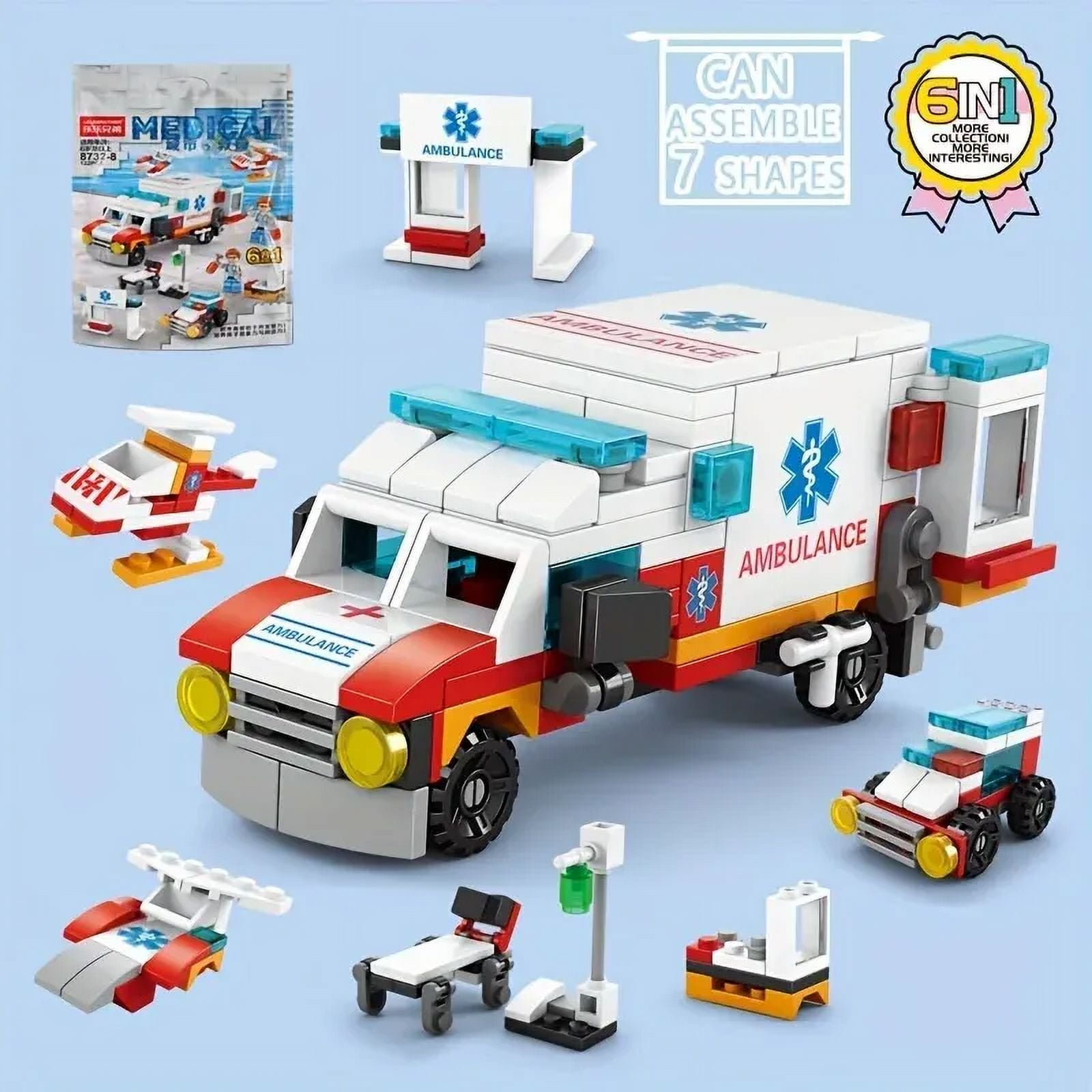 122pcs 6 in 1 Ambulance Escort Car Helicopter Paramedic Doctor Mini ...