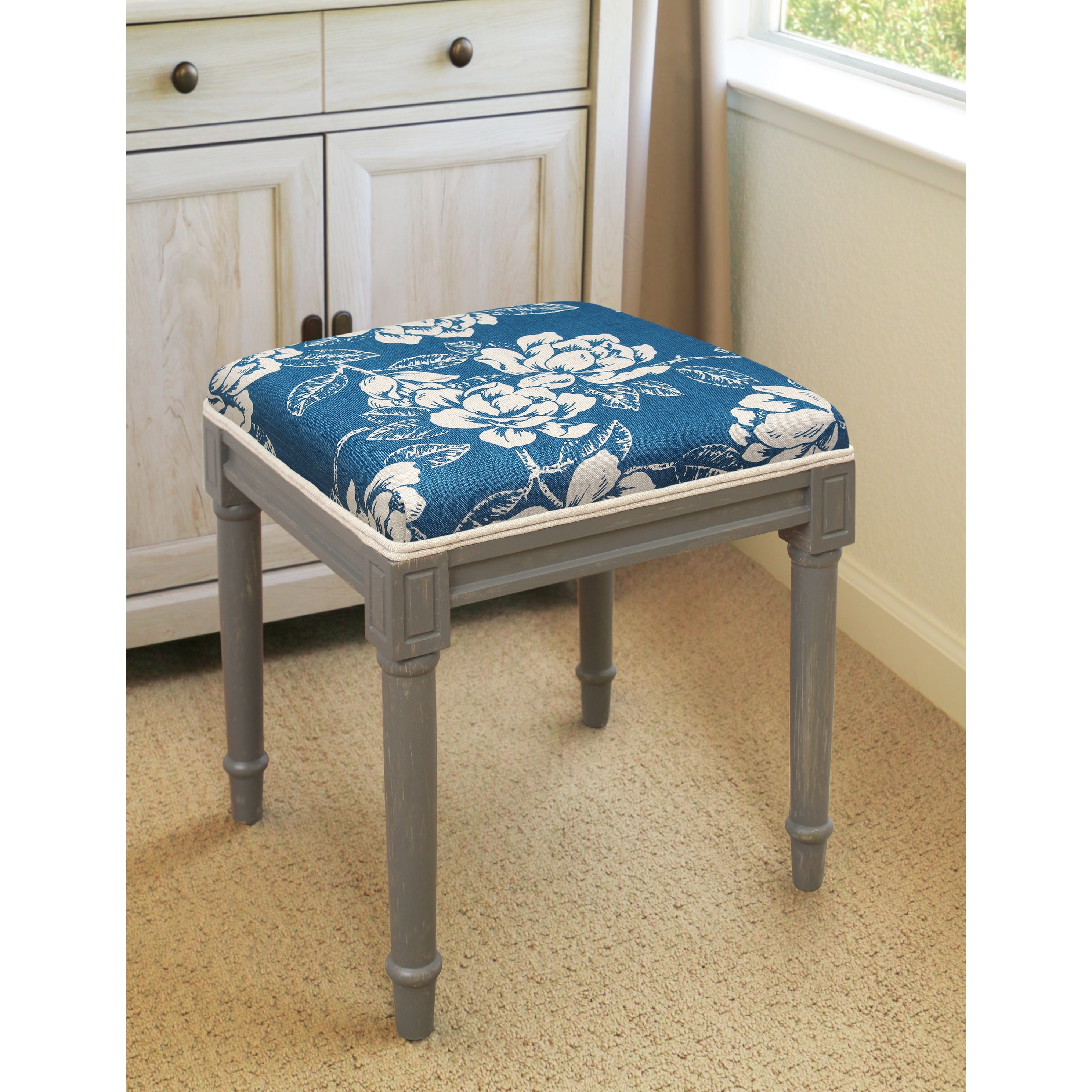123 Creations Navy Blue Magnolia Vanity Stool with distressed grey ...