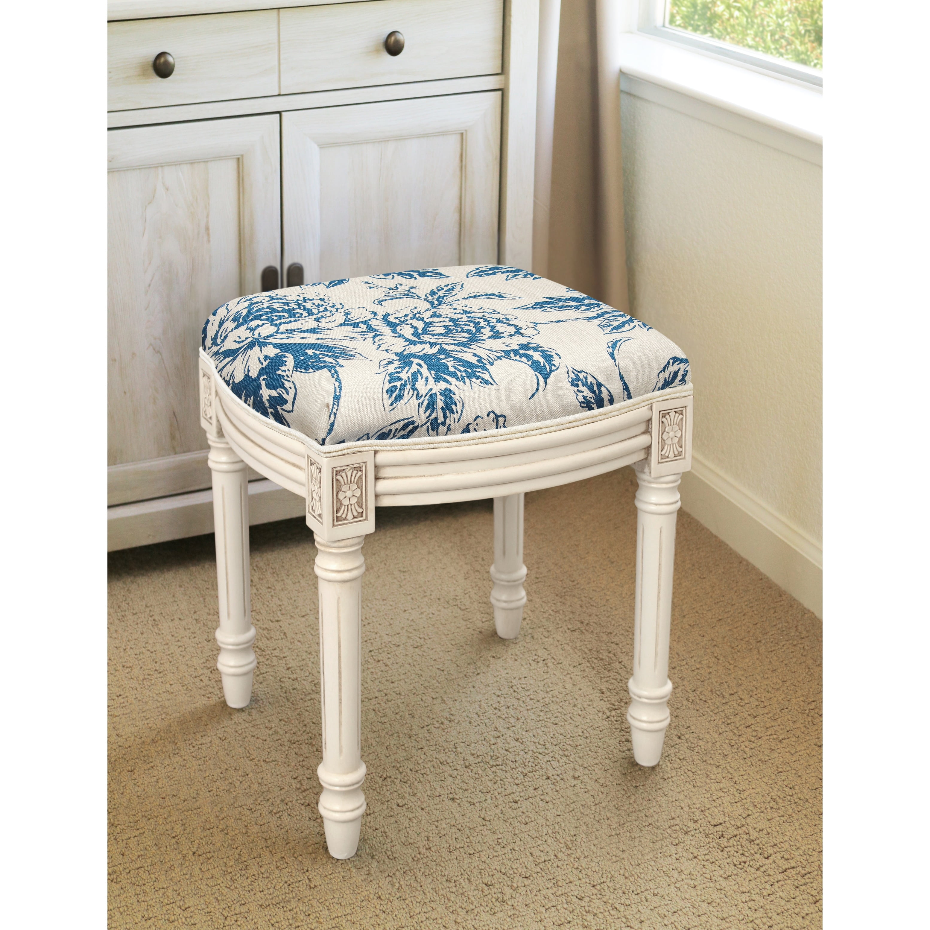123 Creations Navy Blue Peony Vanity Stool with antique white finish ...