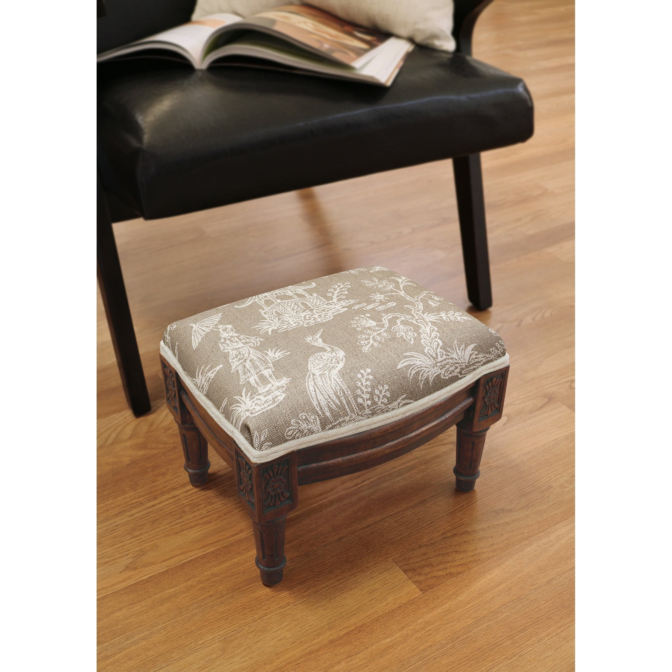 123 Creations Taupe Chinoiserie Footstool with wood stained finish ...