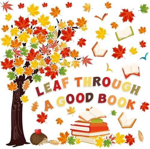 123Pcs Fall Reading Bulletin Board Set Fall Maple Leaves Tree Book ...