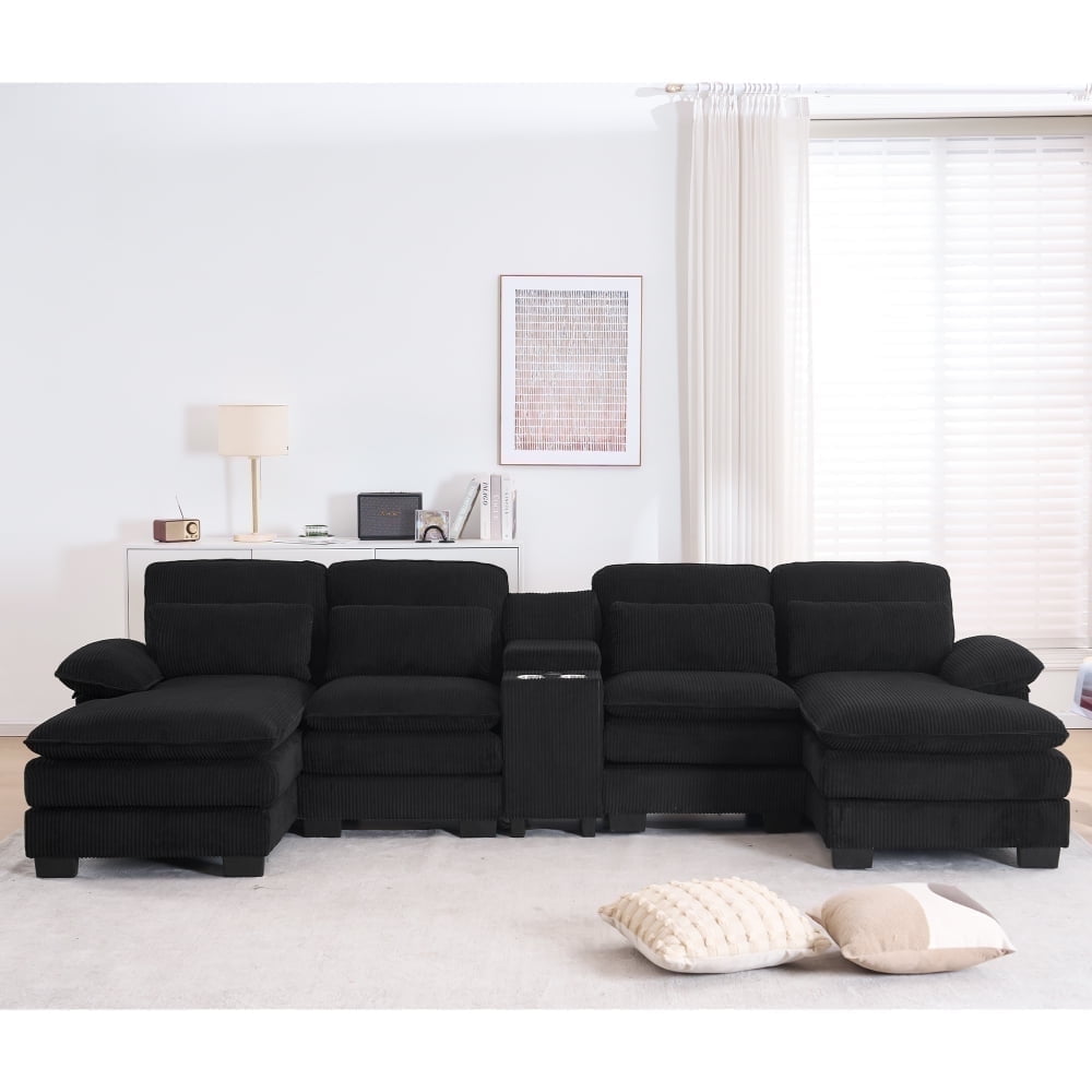 124" U-Shaped Modern Sectional Sofa w/ Console, Cup Holders & Pillows ...