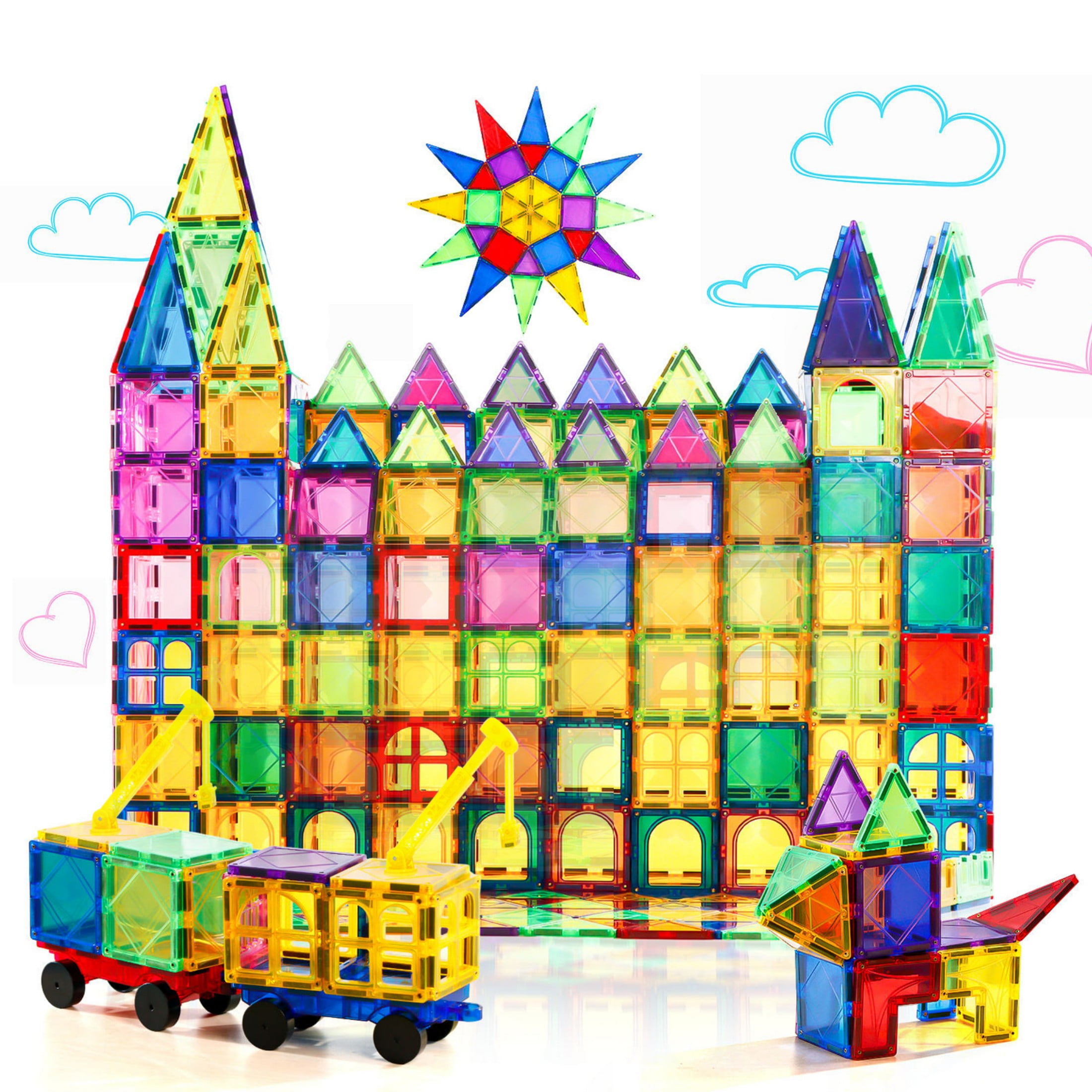 124PCS Kids Magnetic Tiles with Cars and Cranes - Clear 3D Magnet ...